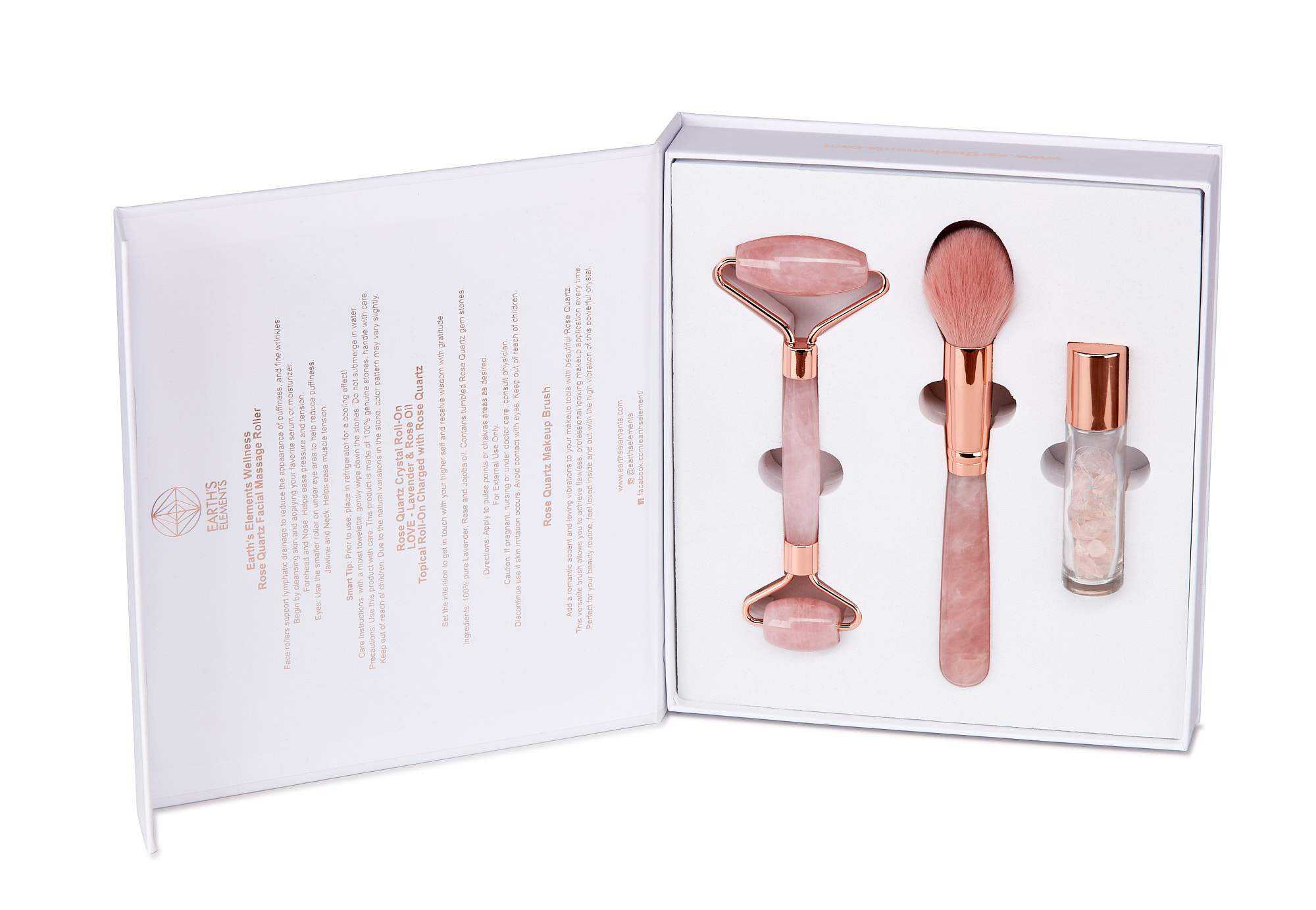 Beautiful Rose Quartz Beauty Set with roller, brush and oil